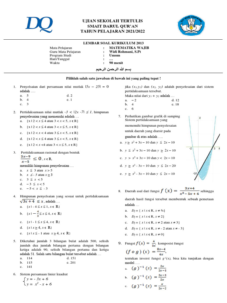 Soal US Mat Wajib Kls 12 | PDF