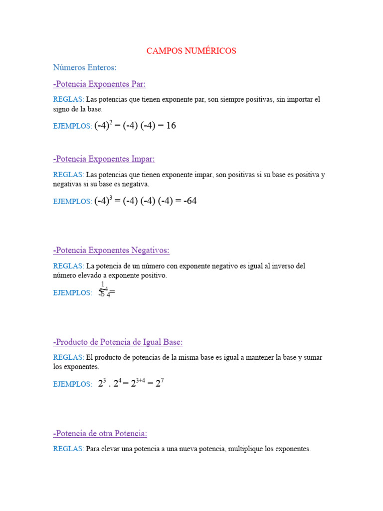 Campos Numericos | Descargar gratis PDF | Números | Exponenciación