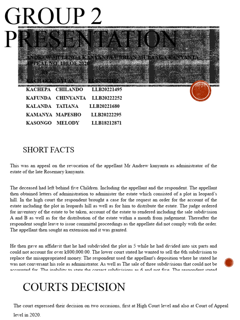 GROUP 2 Probate Presentation (Kanyanta V Kanyanta) | PDF | Probate | Appeal