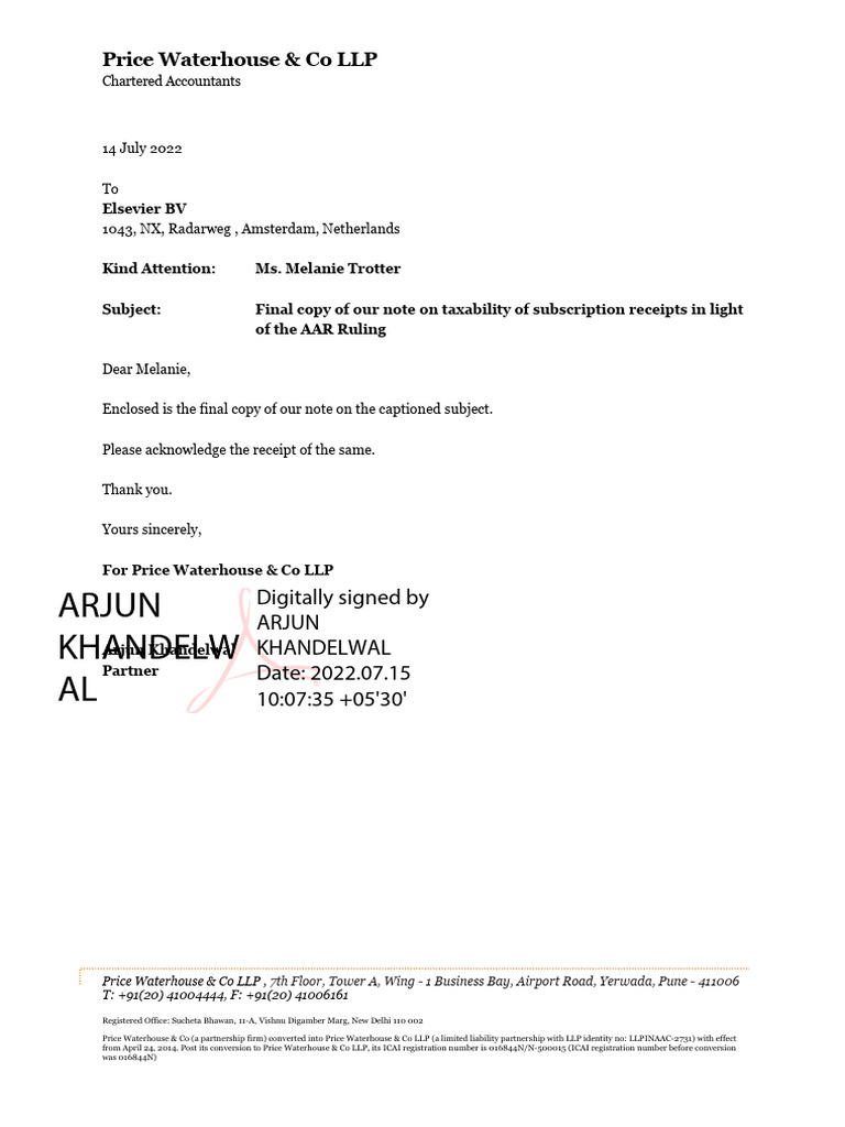 Elsevier BV - Note On Non-Taxability of Subscription Receipts - Final ...