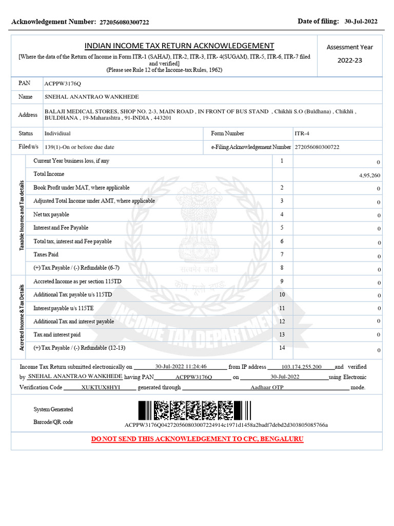 Indian Income Tax Return Acknowledgement: Acknowledgement Number: Date ...