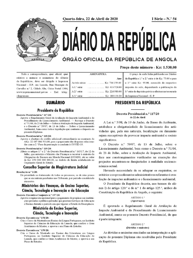 Decreto Presidencial N.º 117-20 de 22 de Abril | PDF