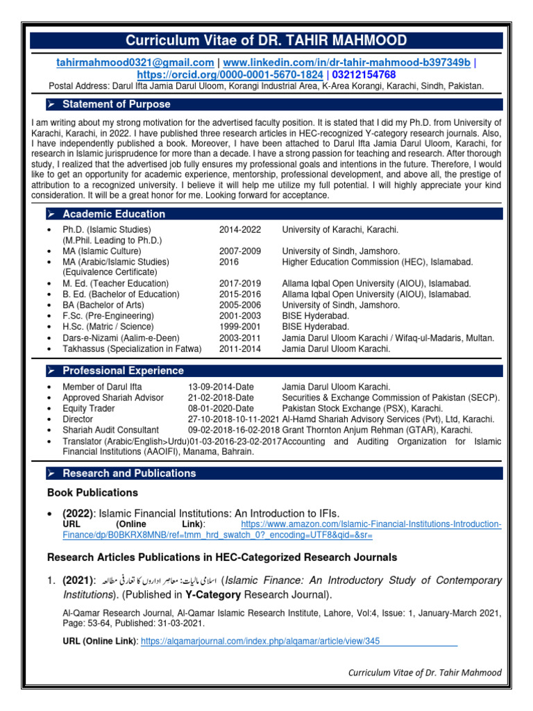 CV - DR Tahir Mahmood1680888927812 | PDF | Karachi | Islamic Banking ...