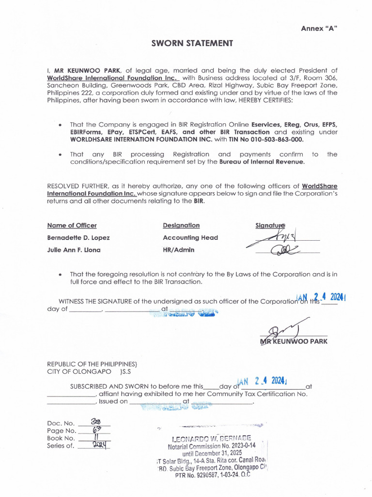 BIR Sworn Statement | PDF