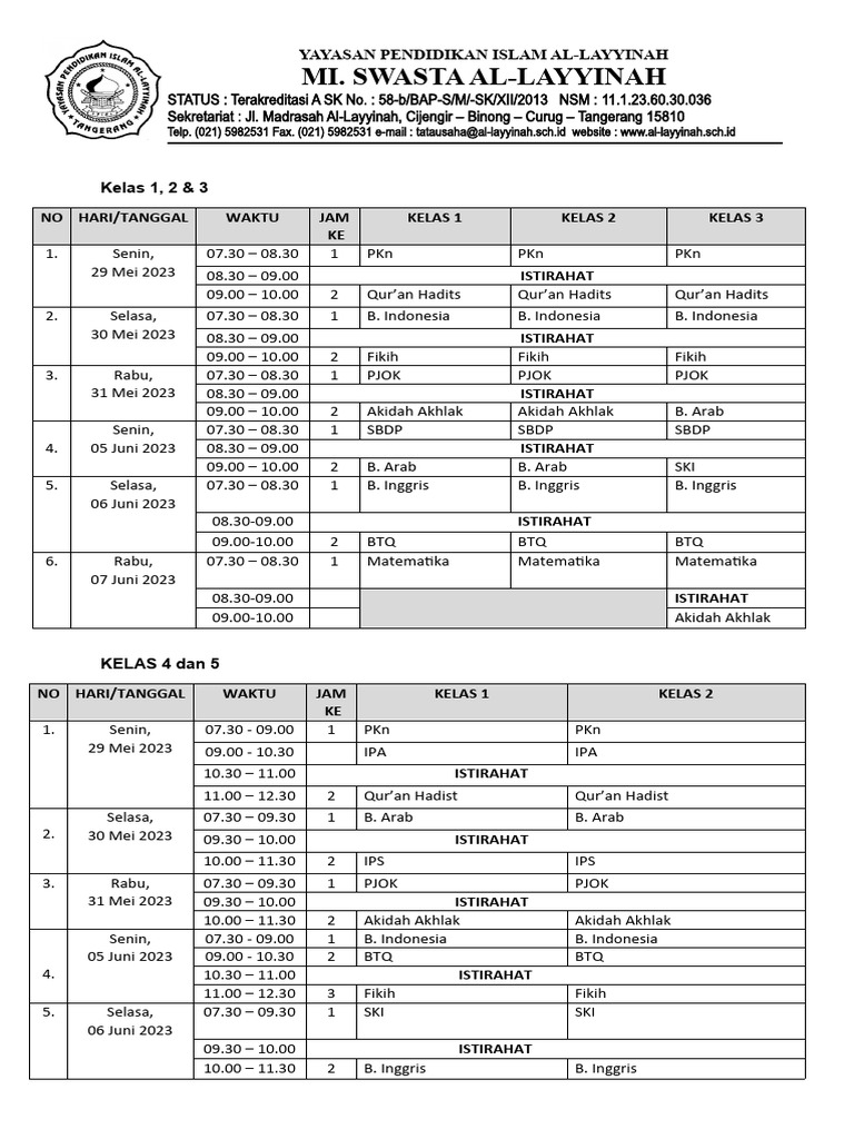 Jadwal Kelas 1,2 & 3 | PDF