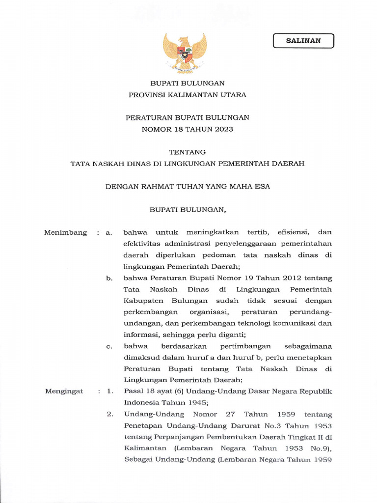 Perbup Nomor 18 Tahun 2023 Tata Naskah Dinas Di Lingkungan Pemerintah Daerah | PDF