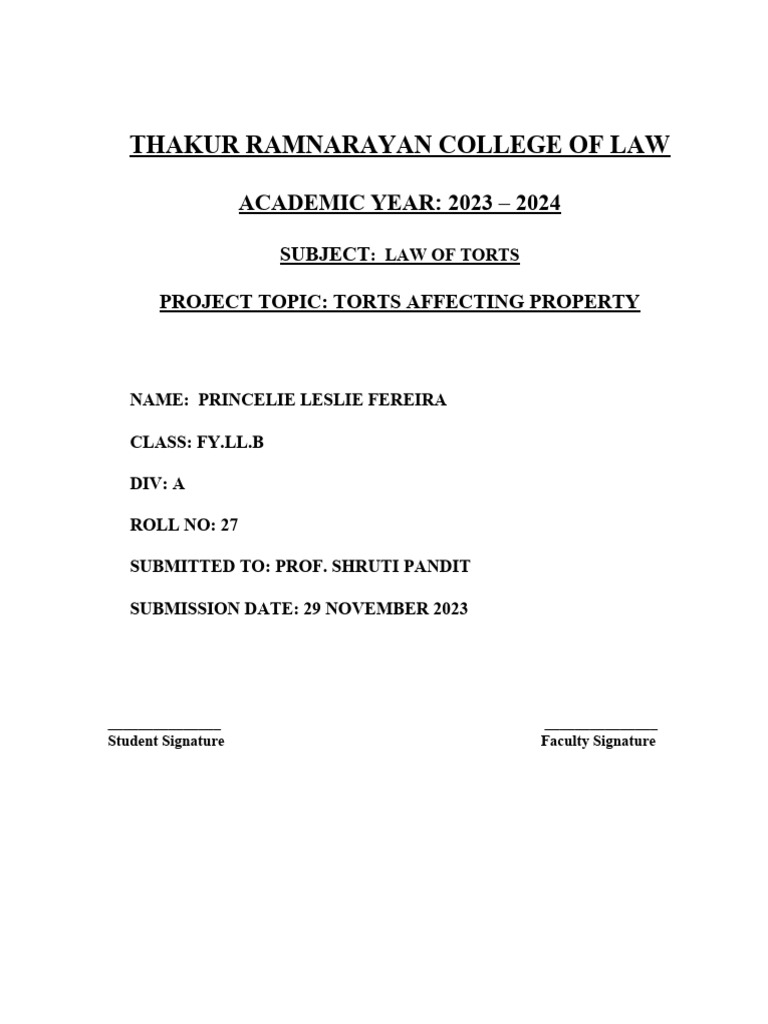 law-of-torts full project - Final | PDF | Conversion (Law) | Tort