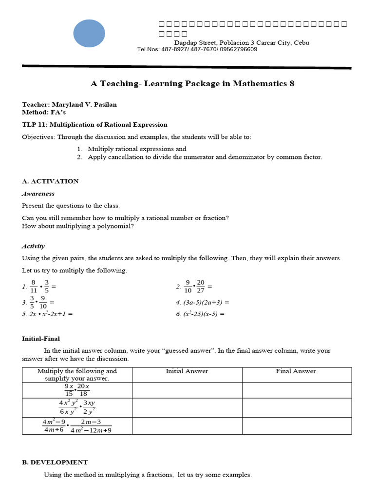 TLP 11 Multiplication of Rational Expression | PDF | Multiplication | Rational Number