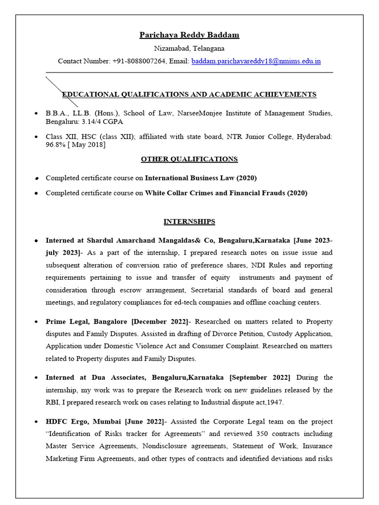 Parichaya Reddy Baddam CV | PDF | Trademark | Justice