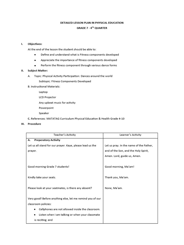 Grade 7 PE Lesson Plan: Fitness & Dance | PDF | Physical Fitness ...