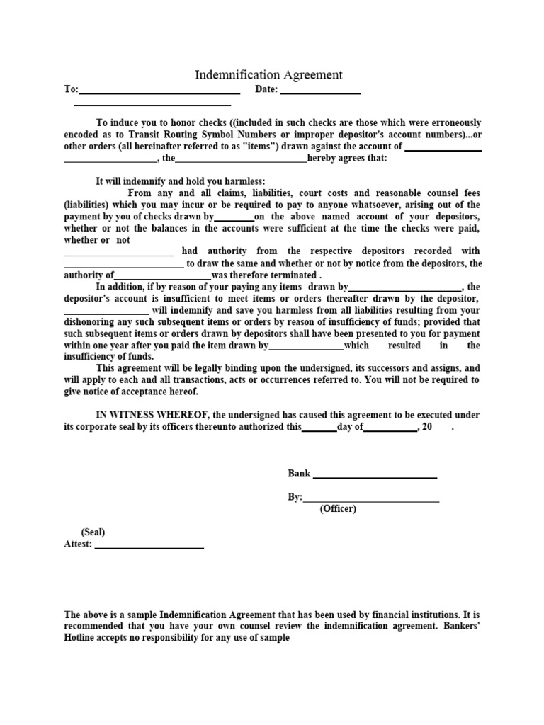 indemnification agreement 25 (1) | PDF | Indemnity | Deposit Account