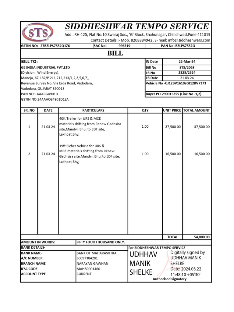 Siddheshwar Tempo Service: Bill To | PDF