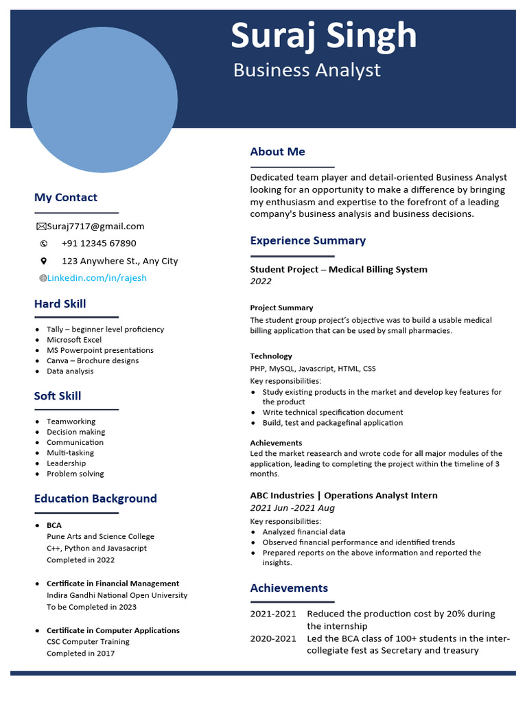 BCA MCA Business Analyst Resume Template | PDF | Information Technology ...
