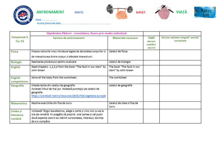 Plan de Antrenament Săptămânal pentru Elevi | PDF