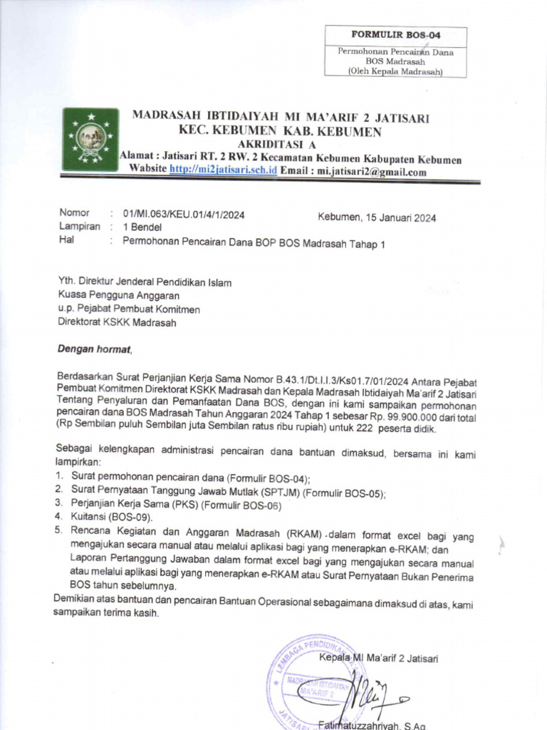 Surat Permohonan Pencairan BOS Thp.1 TA. 2024 | PDF