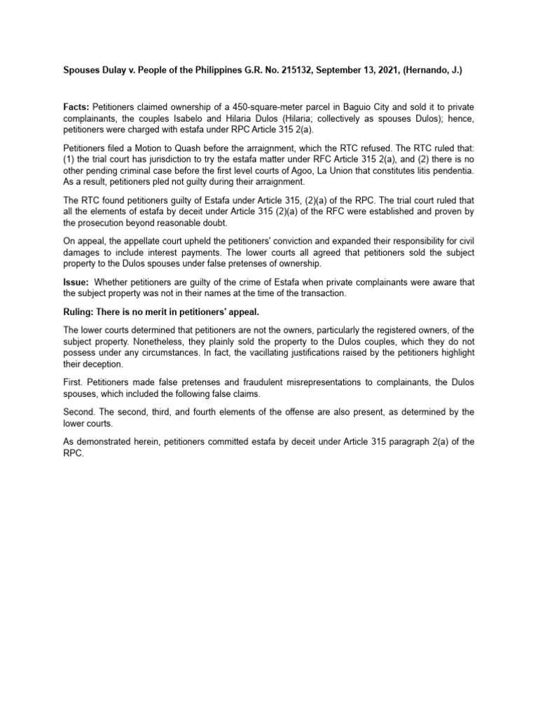 Estafa Ruling: Spouses Dulay Case 215132 | PDF | Politics | Law