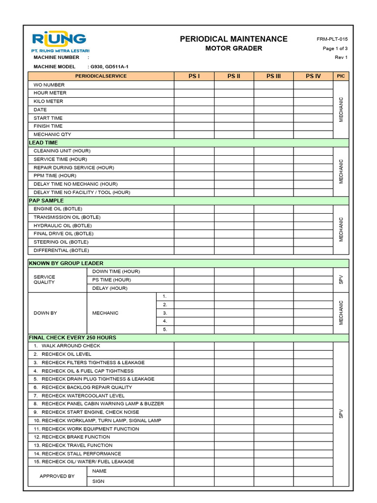 Frm-plt-015 Periodical Service Grader | PDF | Axle | Bearing (Mechanical)