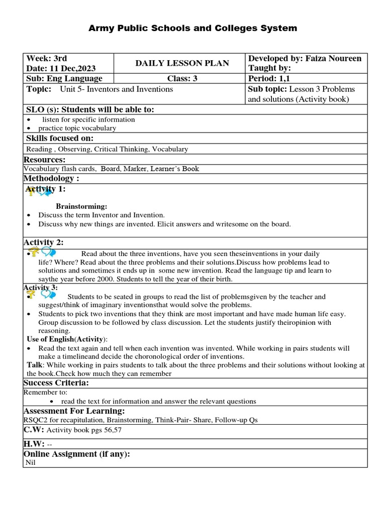 English Lesson Plan - Class 3 - Week 3 | Download Free PDF | Lesson Plan | Vocabulary