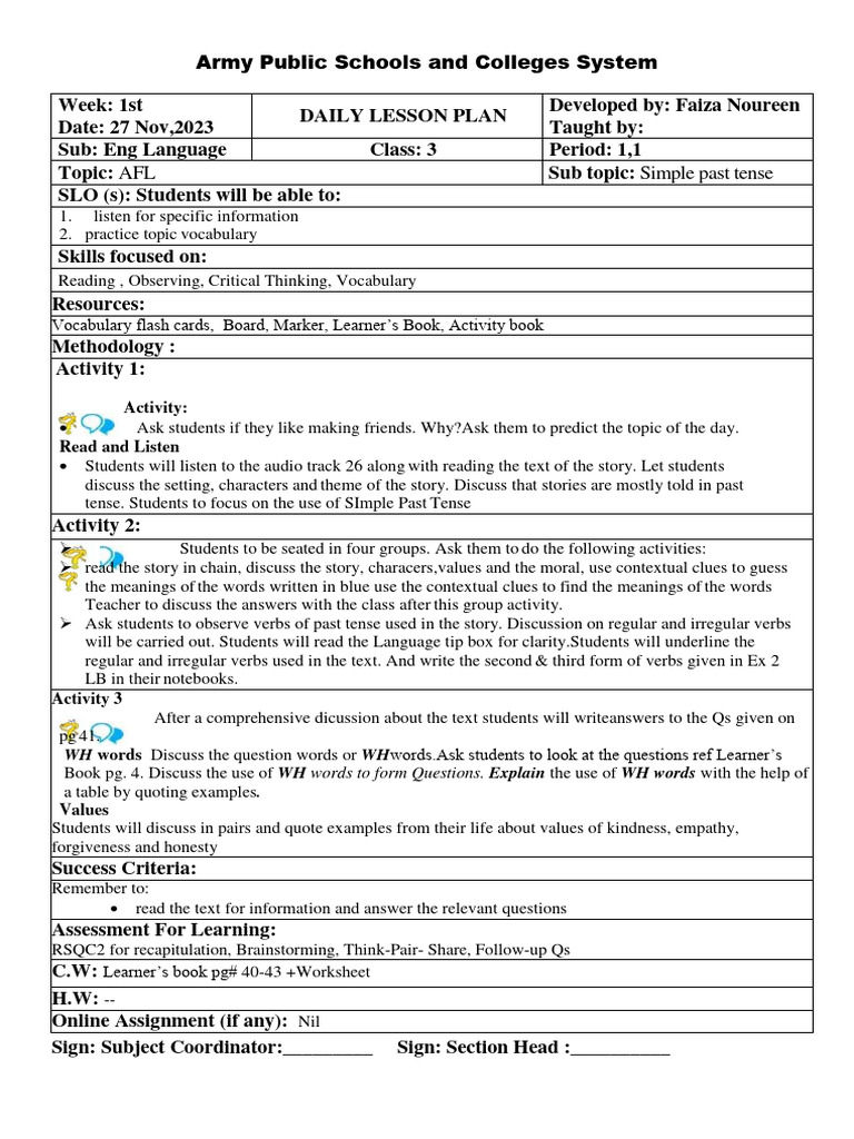 Class 3 English Lesson Plans | PDF | Vocabulary | Lesson Plan