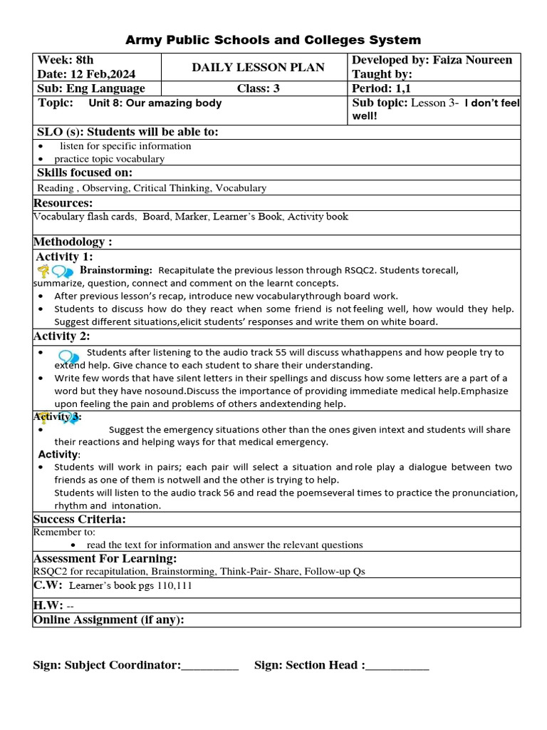 English Lesson Plan - Class 3- Week 8 | PDF