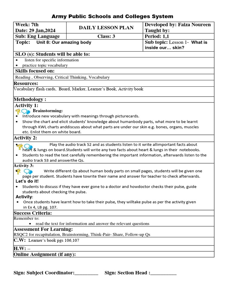 English Lesson Plan Class 3 Week 7 Download Free Pdf Vocabulary