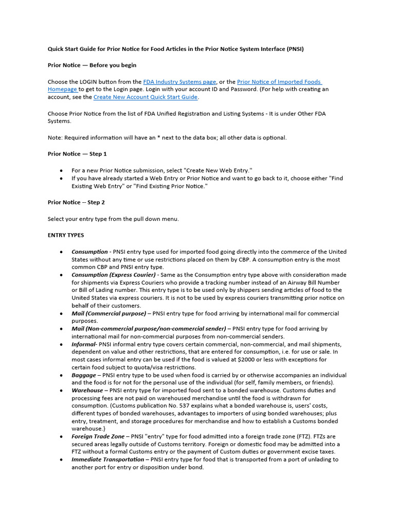 FDA Prior Notice System Quick Guide | PDF | Finance & Money Management