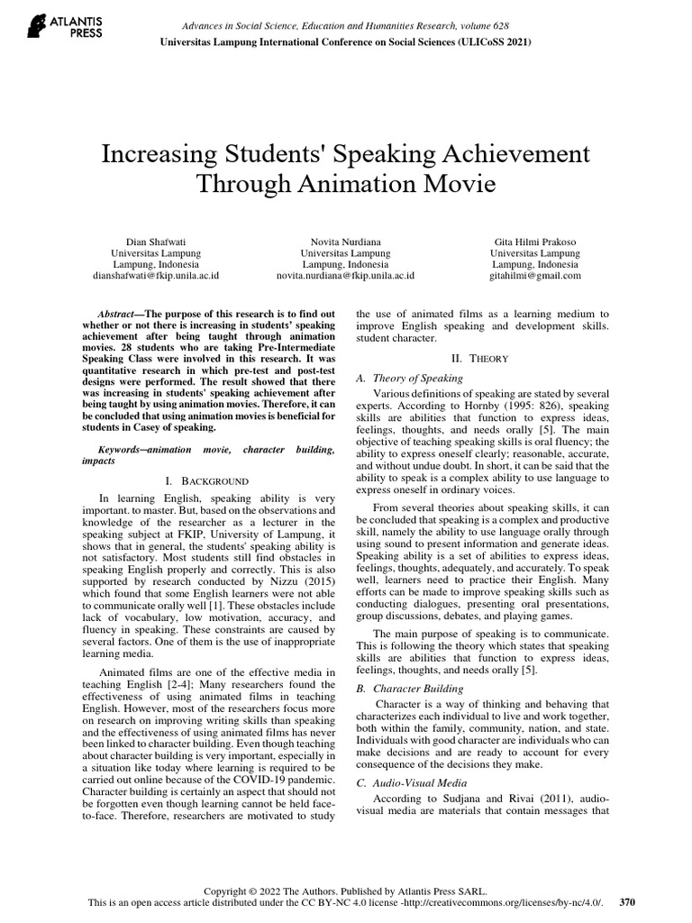 Increasing Students' Speaking Achievement Through Animation Movie | PDF | Cognition | Cognitive ...