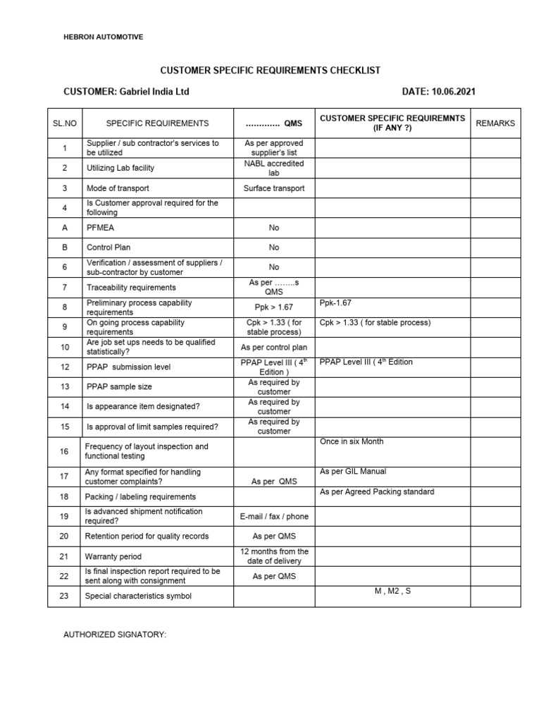 Customer Specific Requirements Checklist | PDF | Quality Management ...