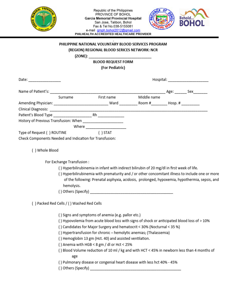Blood Request Form Pediatric | PDF | Blood Transfusion | Bleeding
