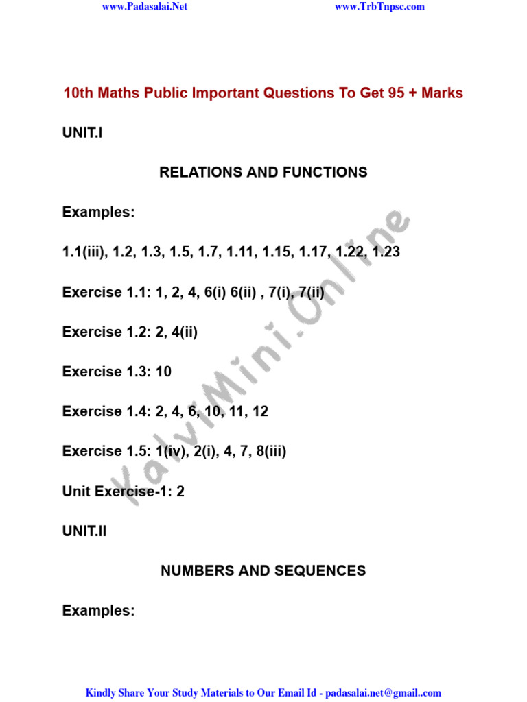 10th Maths Public Important Question To Get 95 Mark PDF Download | PDF