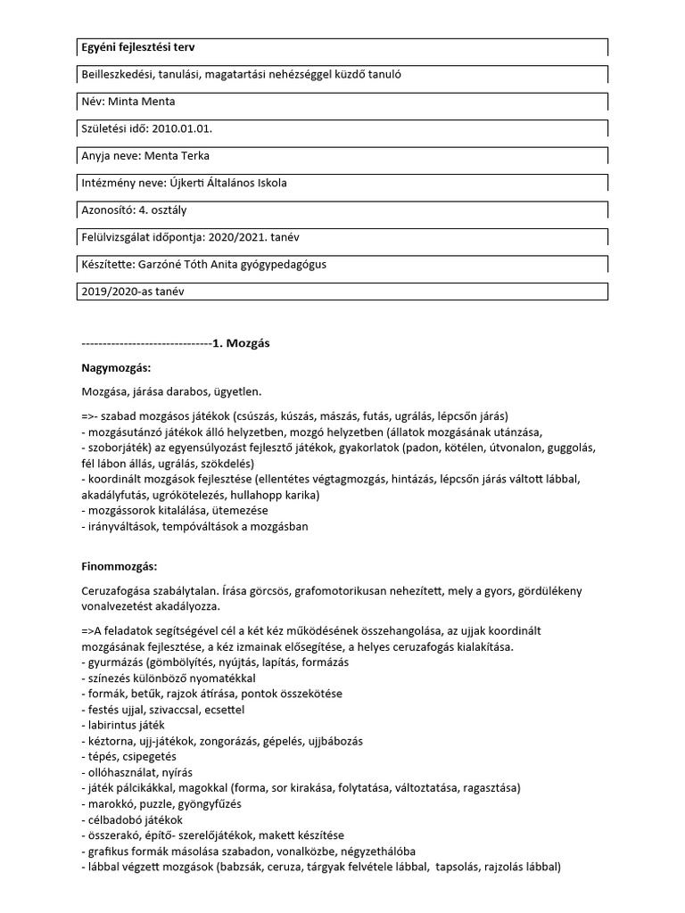 Egyéni Fejlesztési Terv Minta Alma Mátrix | PDF