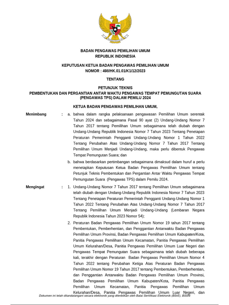 Juknis Pembentukan Dan Pergantian Antar Waktu Pengawas Tps Dalam Pemilu 2024 | PDF