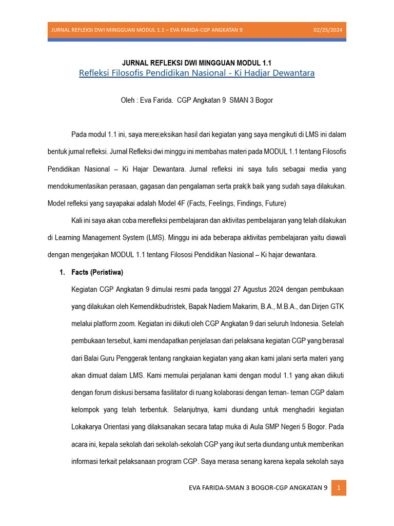 EVA FARIDA-SMAN 3 BOGOR-JURNAL REFLEKSI DWI MINGGUAN MODUL 1.1 - Kls 09 157 A | PDF