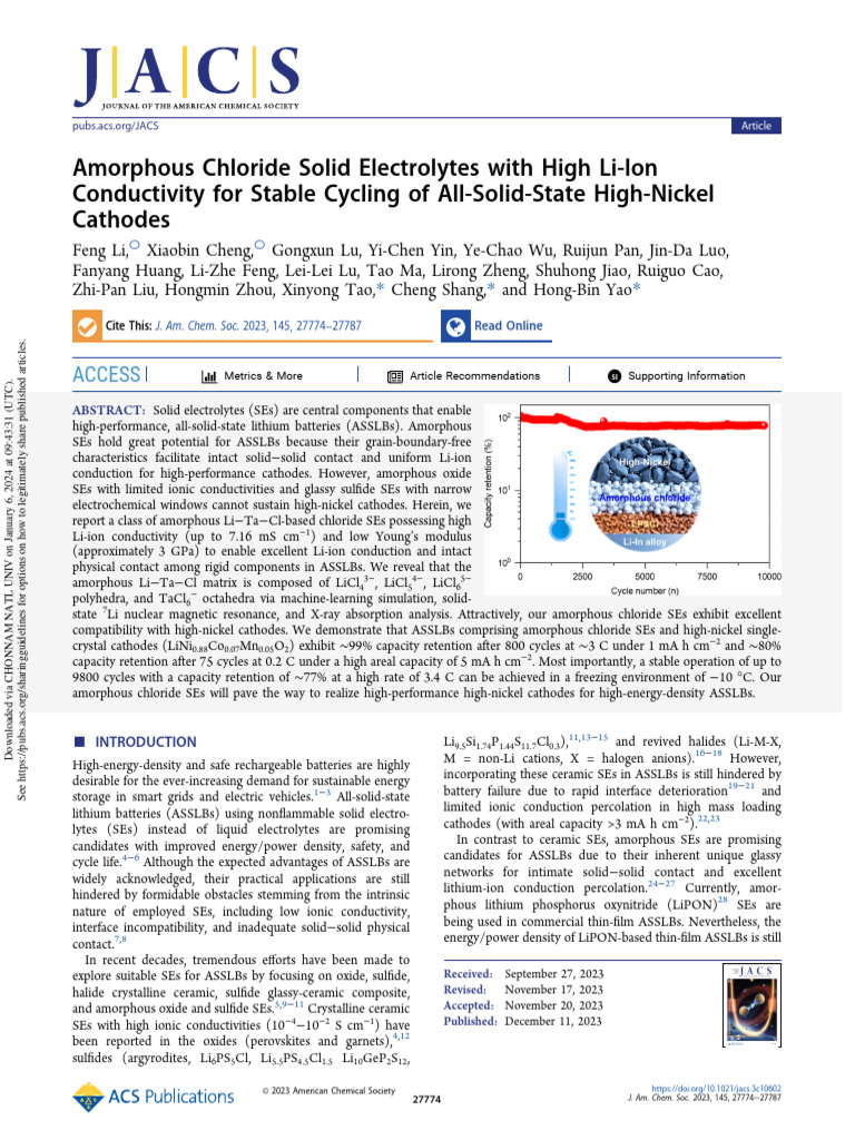Li Et Al 2023 Amorphous Chloride Solid Electrolytes With High Li Ion ...