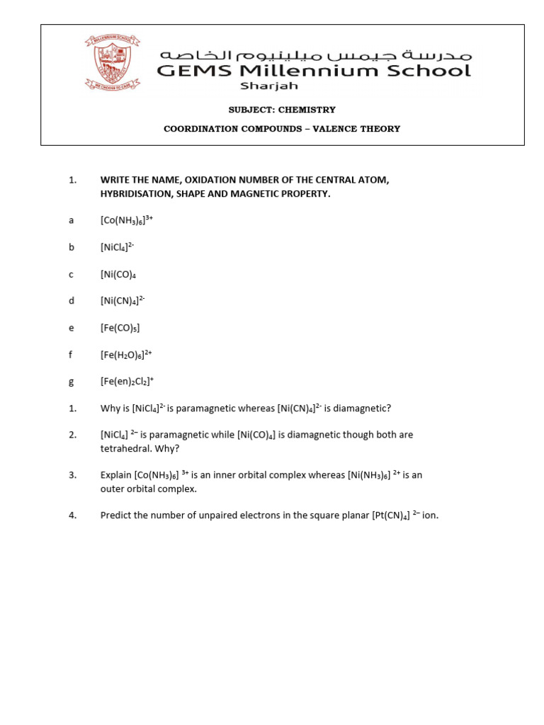 Valence Bond Theory Questions for Class 12 | PDF | Science & Mathematics