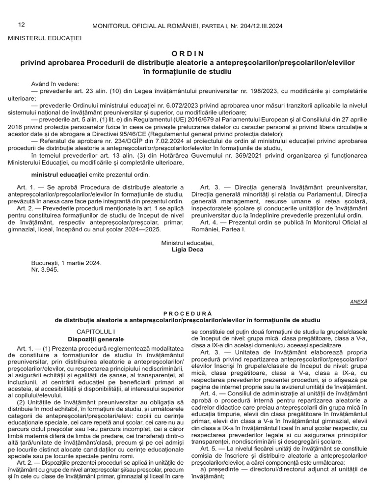 P R O C E D U R A Distribuire Aleatorie A Prescolarilor Elevilor La