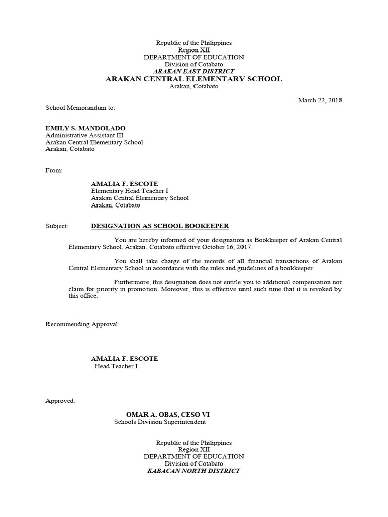 Designation Order Bookkeeper Disbursing 1 | PDF | Money | Financial ...