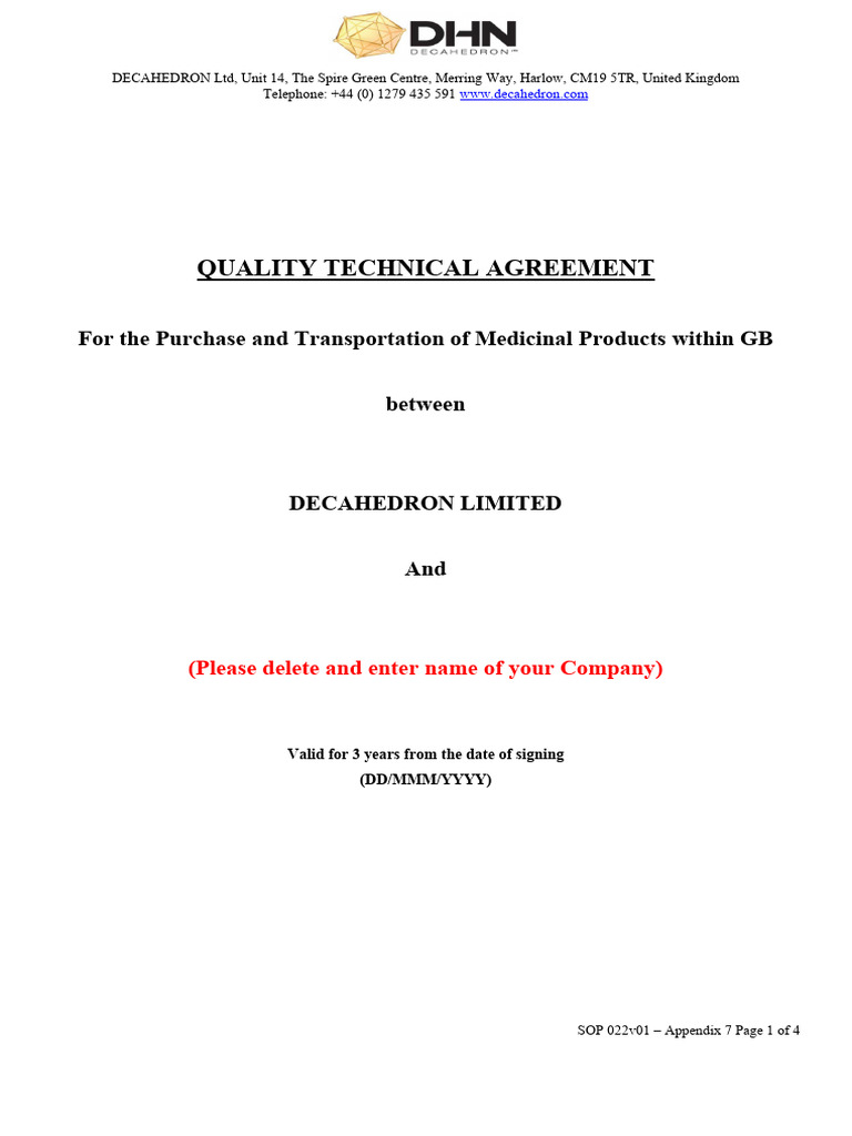 Quality Technical Agreement: For The Purchase and Transportation of ...