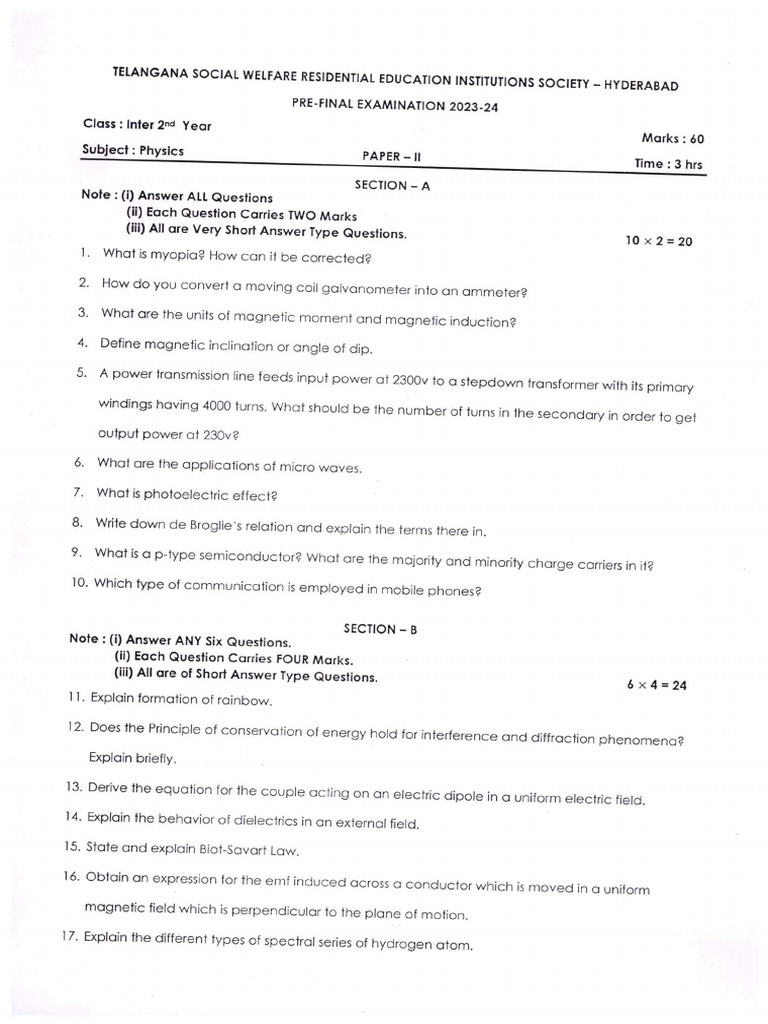 Physics II Year Pre Final Question Paper | PDF