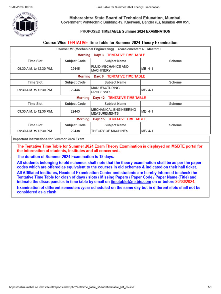 Time Table For Summer 2024 Theory Examination 1 | PDF | Engineering