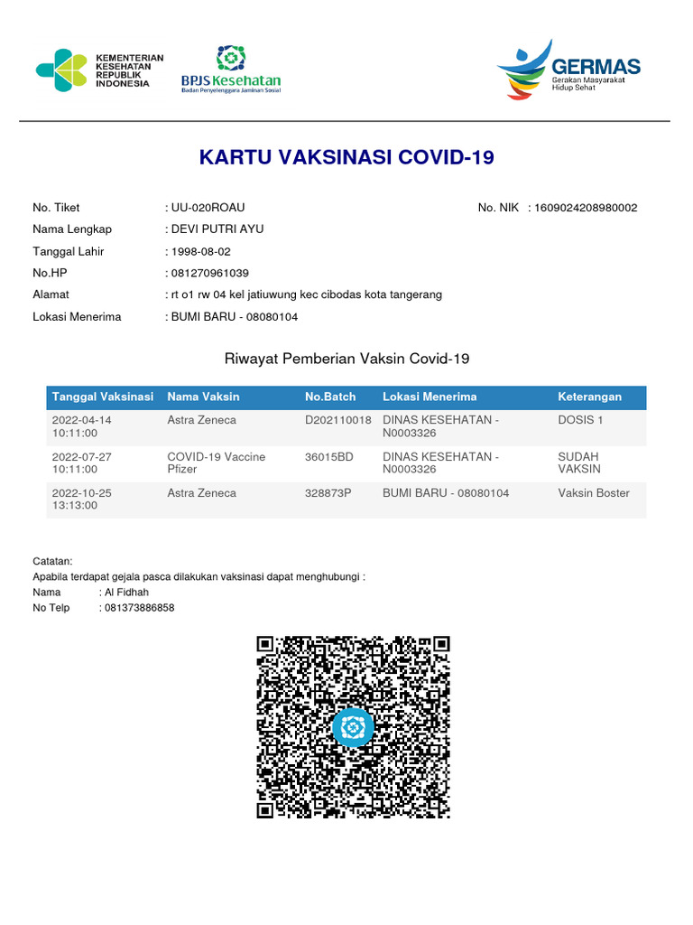 Kartu Vaksinasi COVID-19 Devi Putri Ayu | PDF