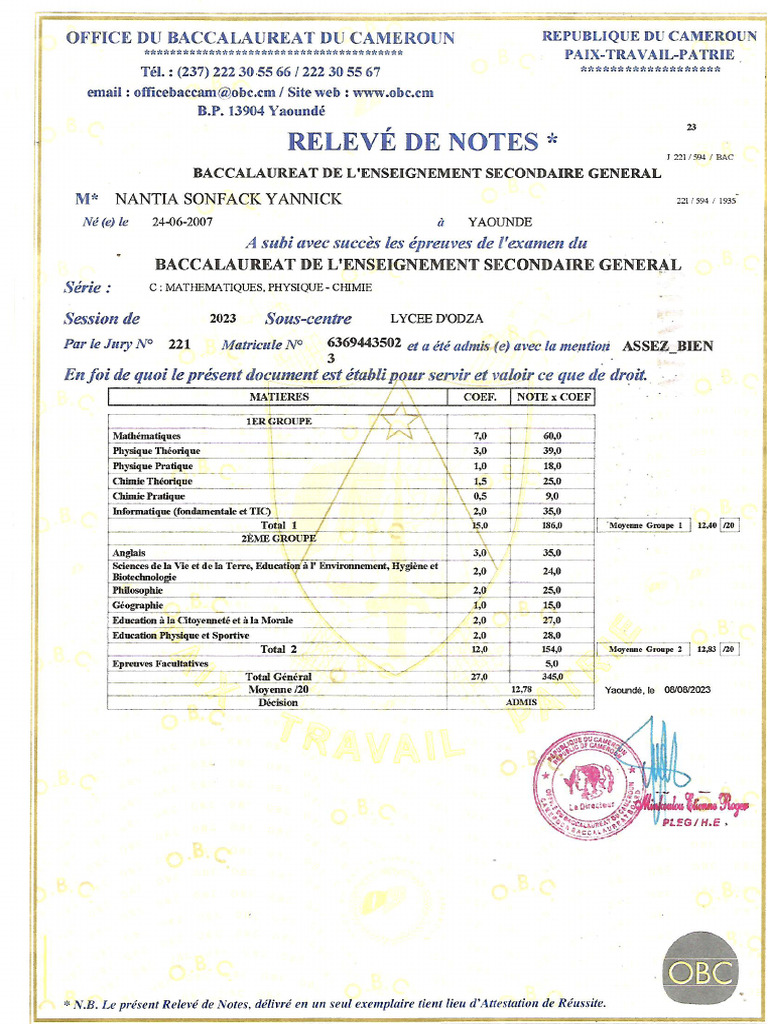 Releve de Notes Bac - PDF 1 | PDF