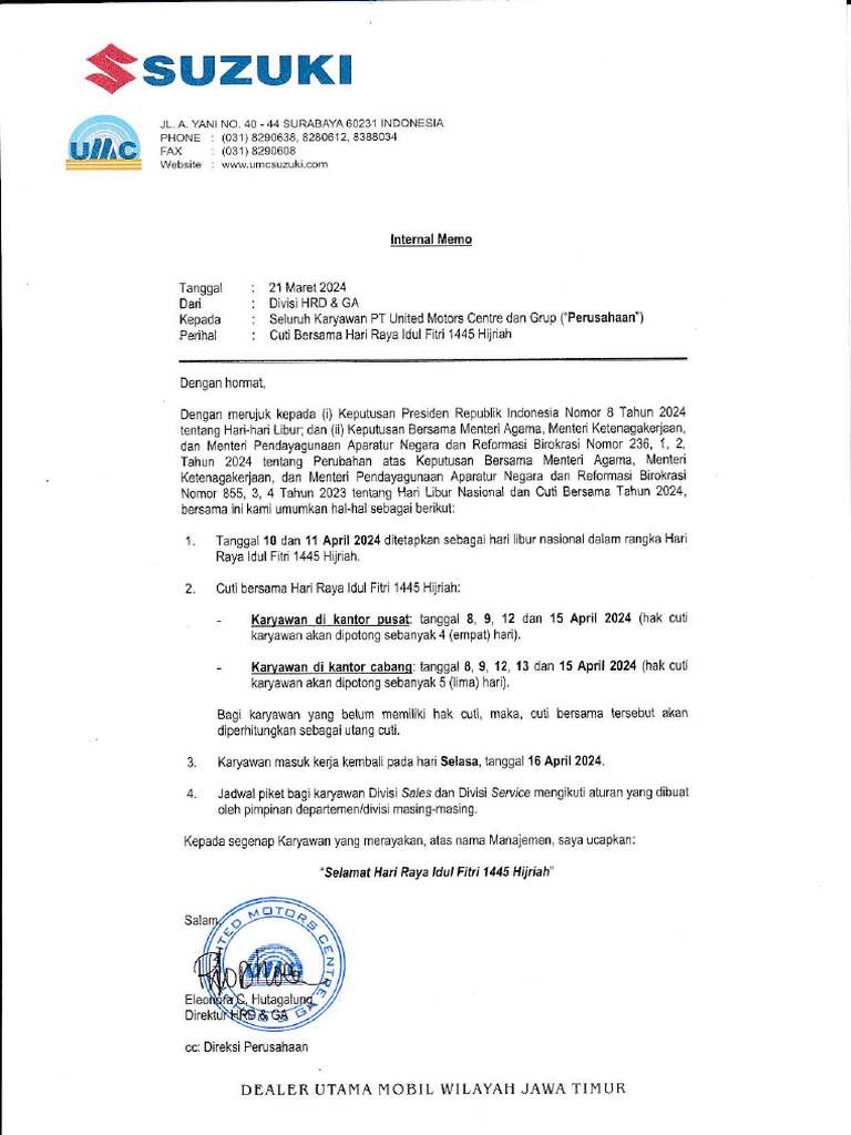 INTERNAL MEMO CUTI BERSAMA HARI RAYA IDUL FITRI | PDF