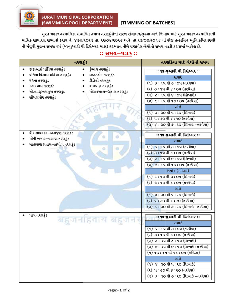 Swimming Pools Time Table | PDF