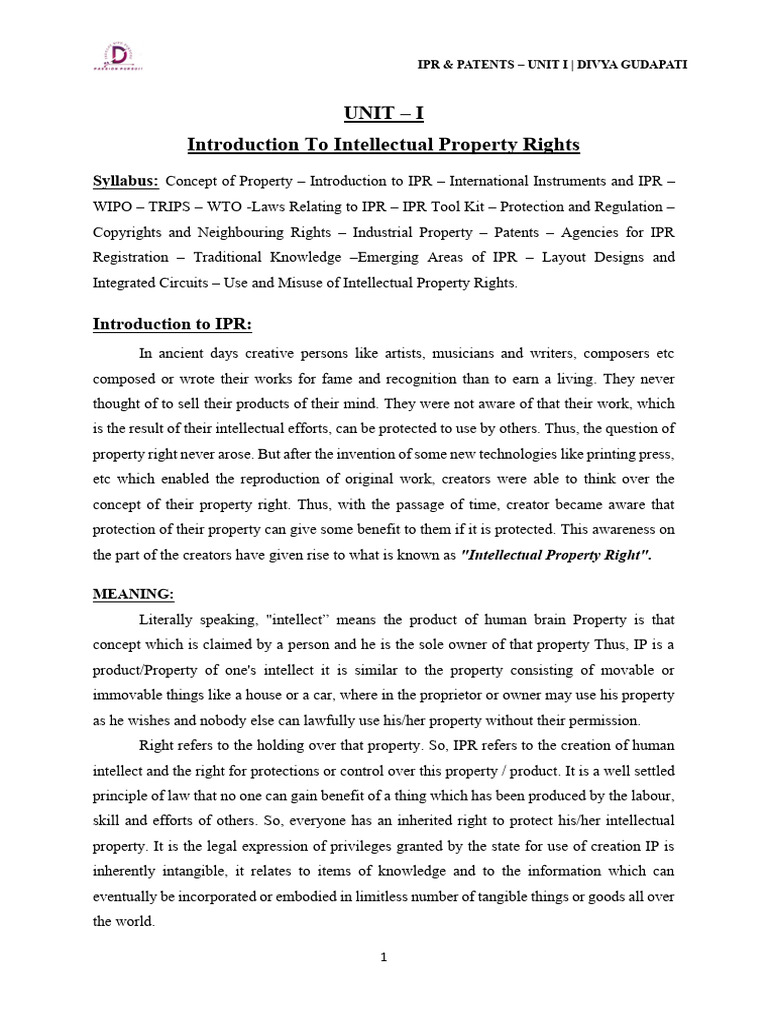 Ipr & Patents - Unit - I Notes | Download Free PDF | World Intellectual ...