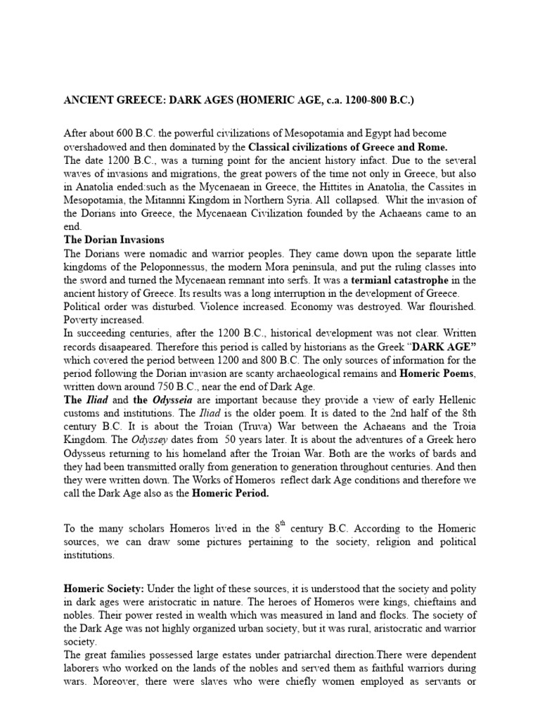 Dark Ages ( Homeric Age) | PDF | Sparta | Greek Mythology