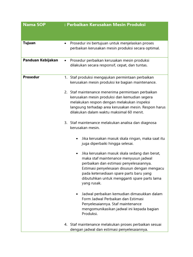 04 SOP Perbaikan Kerusakan Mesin Produksi | PDF
