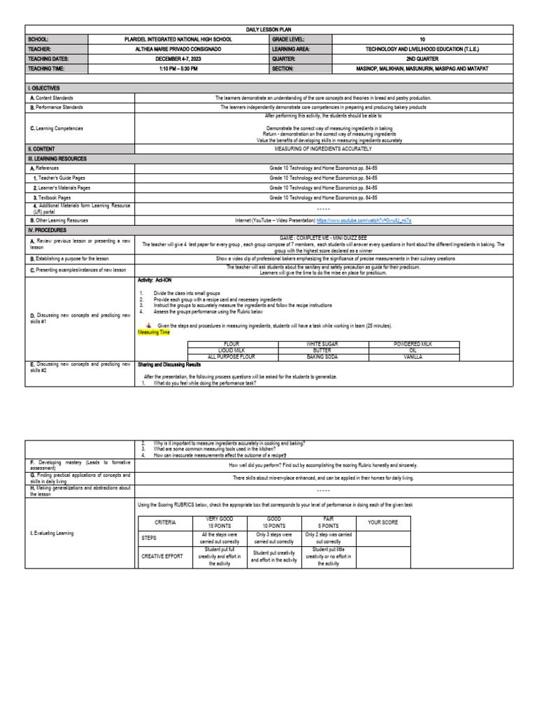 Daily Lesson Plan - Cookies | PDF | Lesson Plan | Learning