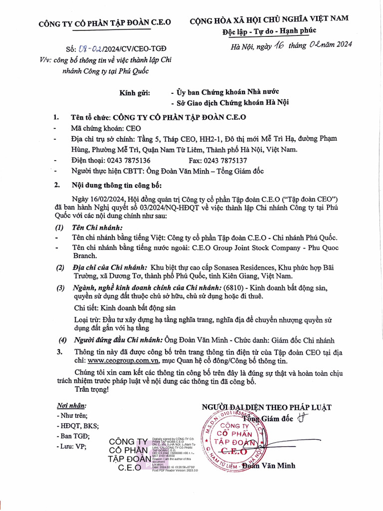 1 Ceo 2024 2 21 D3ab025 CBTT Nghi Quyet HDQT V V Thanh Lap Chi Nhanh Tai PQ Signed | PDF
