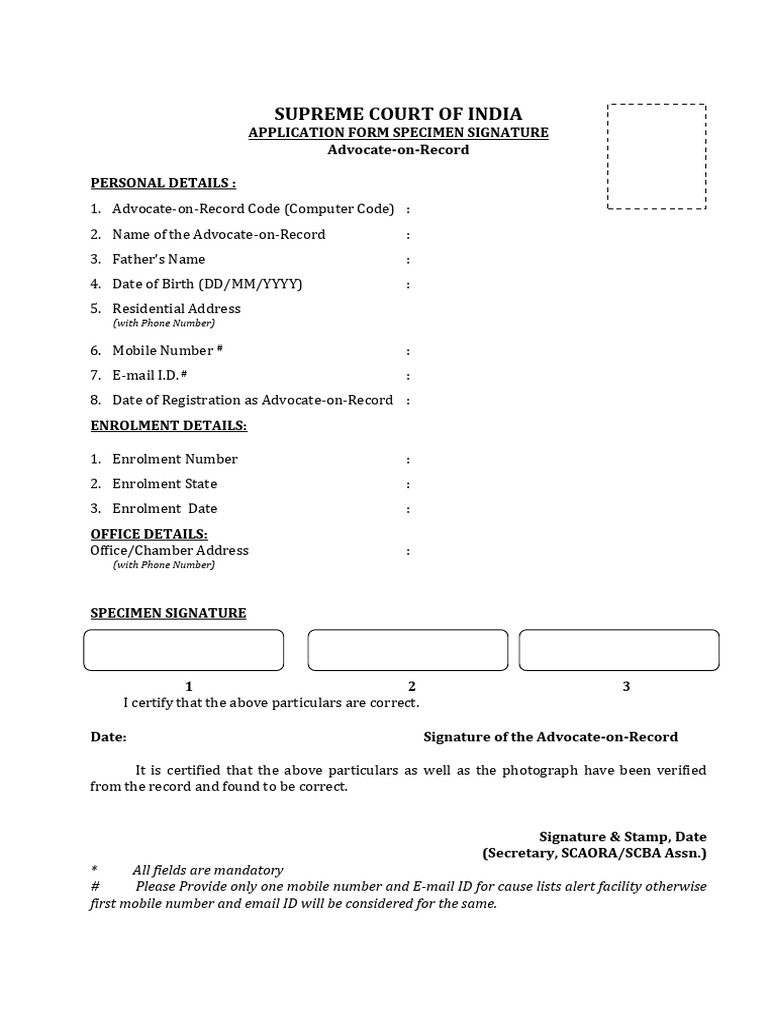 AOR Application Form Specimen Signature | PDF